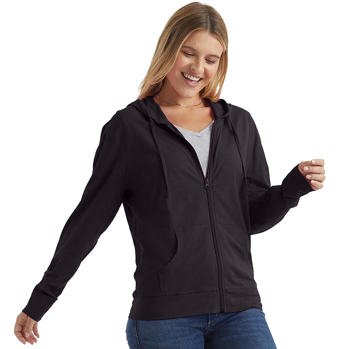 Hanes Women's Jersey Full Zip Hoodie, Black, Medium