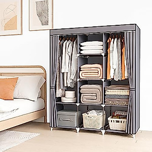 KEKIWE Portable Closet, 51 Inch Wardrobe Closet for Hanging Clothes with 2 Hanging Rods, 8 Storage Organizer Shelves for Bedroom, Durable and Easy to Assemble, Grey