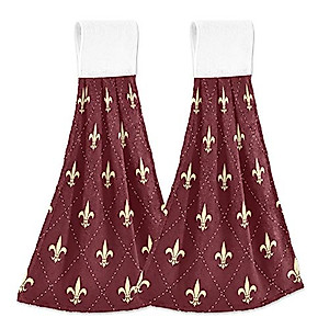 2pcs Red Buffelo Plaid Hanging Kitchen Towel Mardi Gras Flowers Soft Coral Velvet Hand Towels Loop Dish Towel for Bathroom Washcloth Absorbent Tie Towel