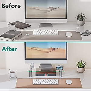 WALI Rectangular Tempered Glass Monitor Riser Desktop Stand Height Adjustable Table Top for Flat Screen LCD LED TV, Laptop, Notebook, Display (GTT001), 16 X 10 inch, Clear