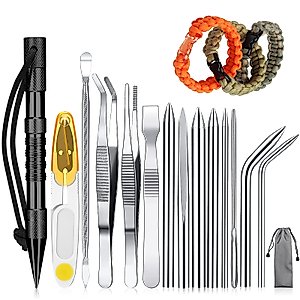 14-Piece Paracord Tool Set - Stainless Steel Lacing Needles, Smoothing Tool, Knotter with Marlin Spike for Paracord Work & Leather Weaving (Black)