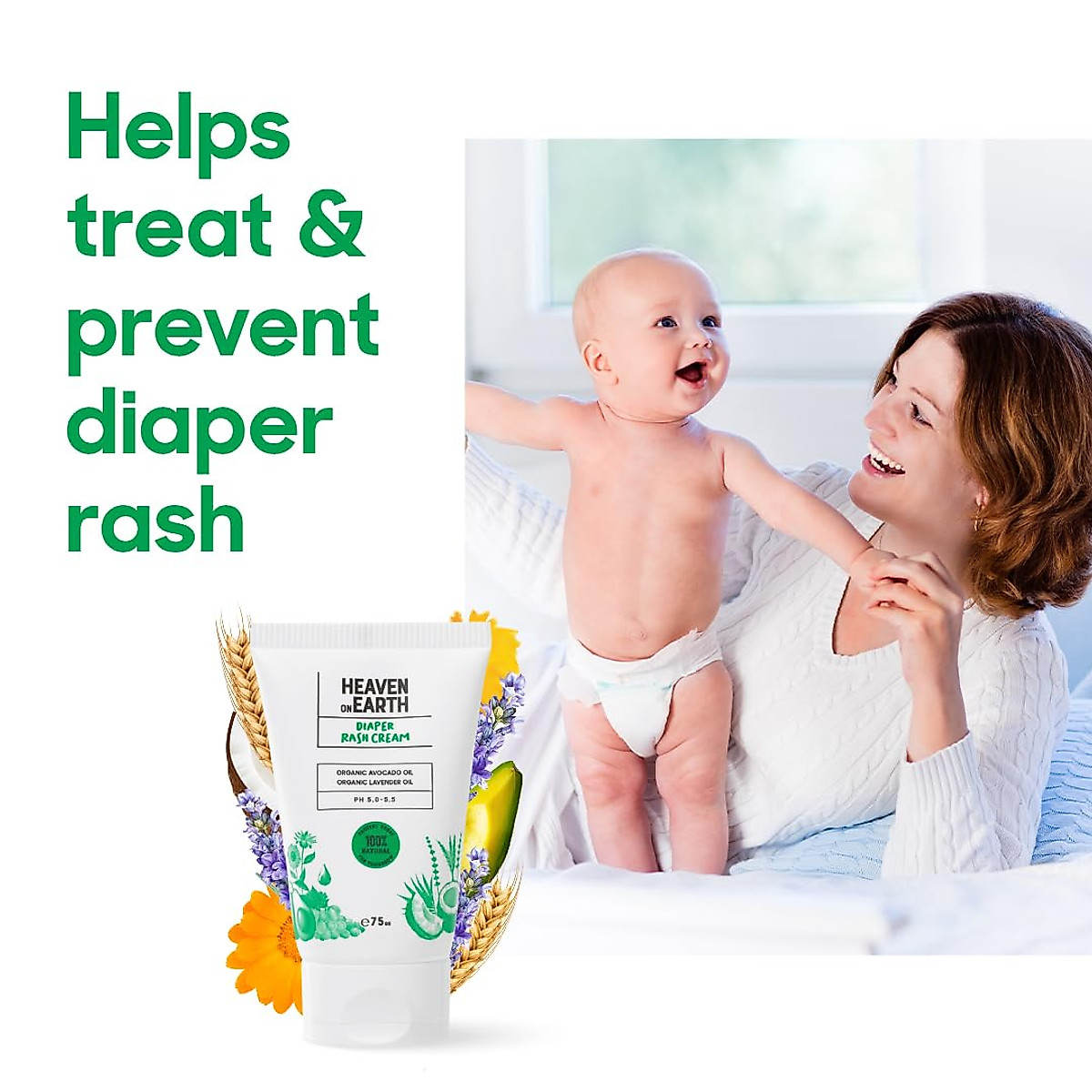 Heaven on Earth- 100% Natural and enriched with organic ingredients Diaper Rash Cream, Free of Phtalate, Paraben, Parfum, 100% Plant Based Diaper Rash Cream, 2,6 Oz
