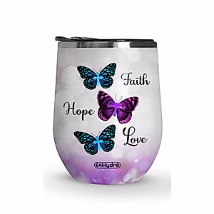 64HYDRO 12oz Faith Hope Love Butterfly Faith Christian Gifts Insulated Wine Tumbler With Lid - Stainless Steel Wine Glass Mug Cup For Travel, Office, Home - ABLZ2606009Z