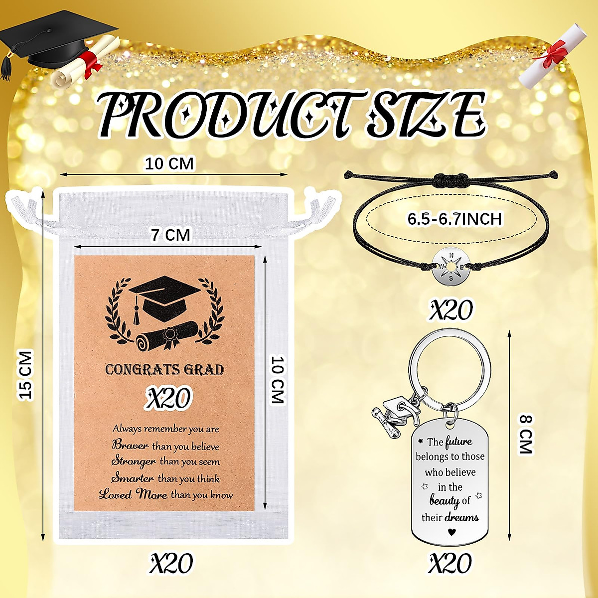 Junkin 20 Pack Graduation Bracelet Gift for Her Him Graduation Keychain Class of 2024 Student Compass Bracelet College School(Congrats Grad)