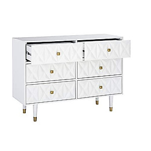 Linon Home Décor Sheerah Six Drawer Geo Texture White Dresser, Gold