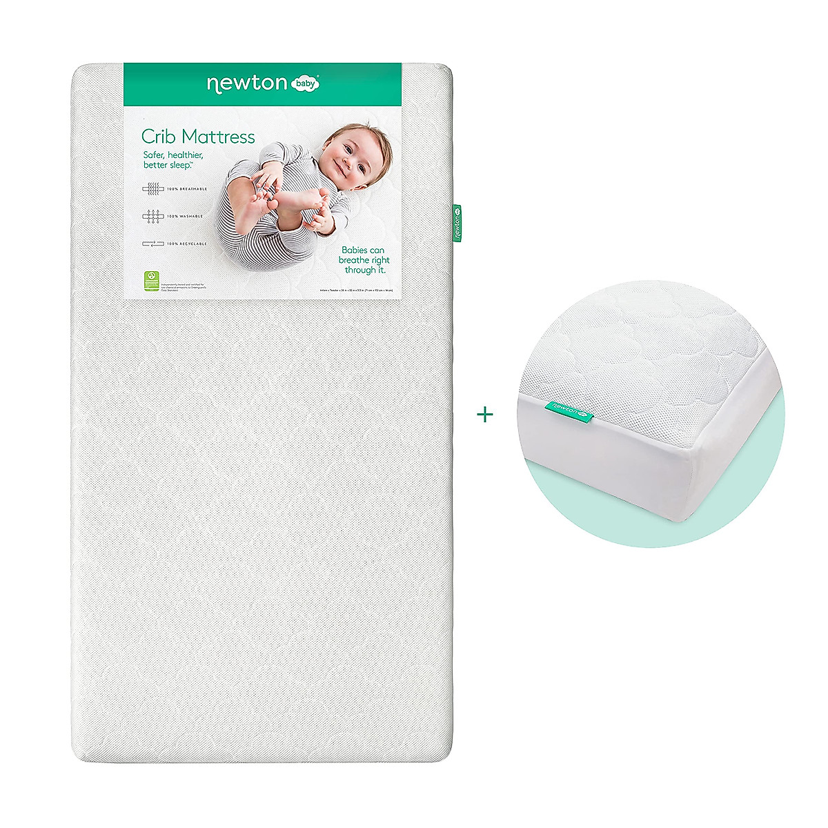 Newton Baby Crib Mattress and Mattress Pad Bundle - 100% Breathable Proven to Reduce Suffocation Risk, 100% Washable, 2-Stage, Non-Toxic Better Than Organic