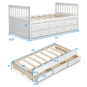 KOMFOTT Wood Twin Trundle Bed with Storage Drawers, Daybed with Trundle, No Box Spring Needed Daybed Frame, Twin Size Captain’s Bed