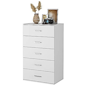 TTVIEW 5 Drawer Dresser Chest, Freestanding Dresser Storage Tower with Metal Handles, White Storage Cabinet for Living Room, Kitchen, Entryway, Closet