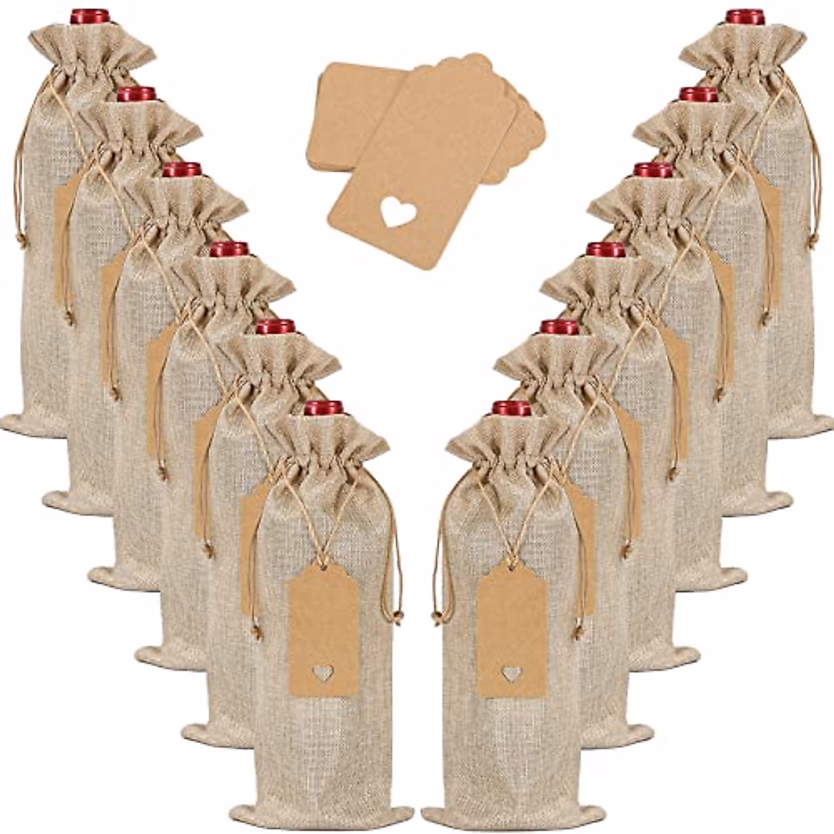 Qibote Burlap Wine Bags with Drawstrings, Wine Bags Gift - Single Reusable Bottle Bags Perfect for Travel, Wedding, Birthday, Housewarming and Dinner Party (12 Pcs - Brown)