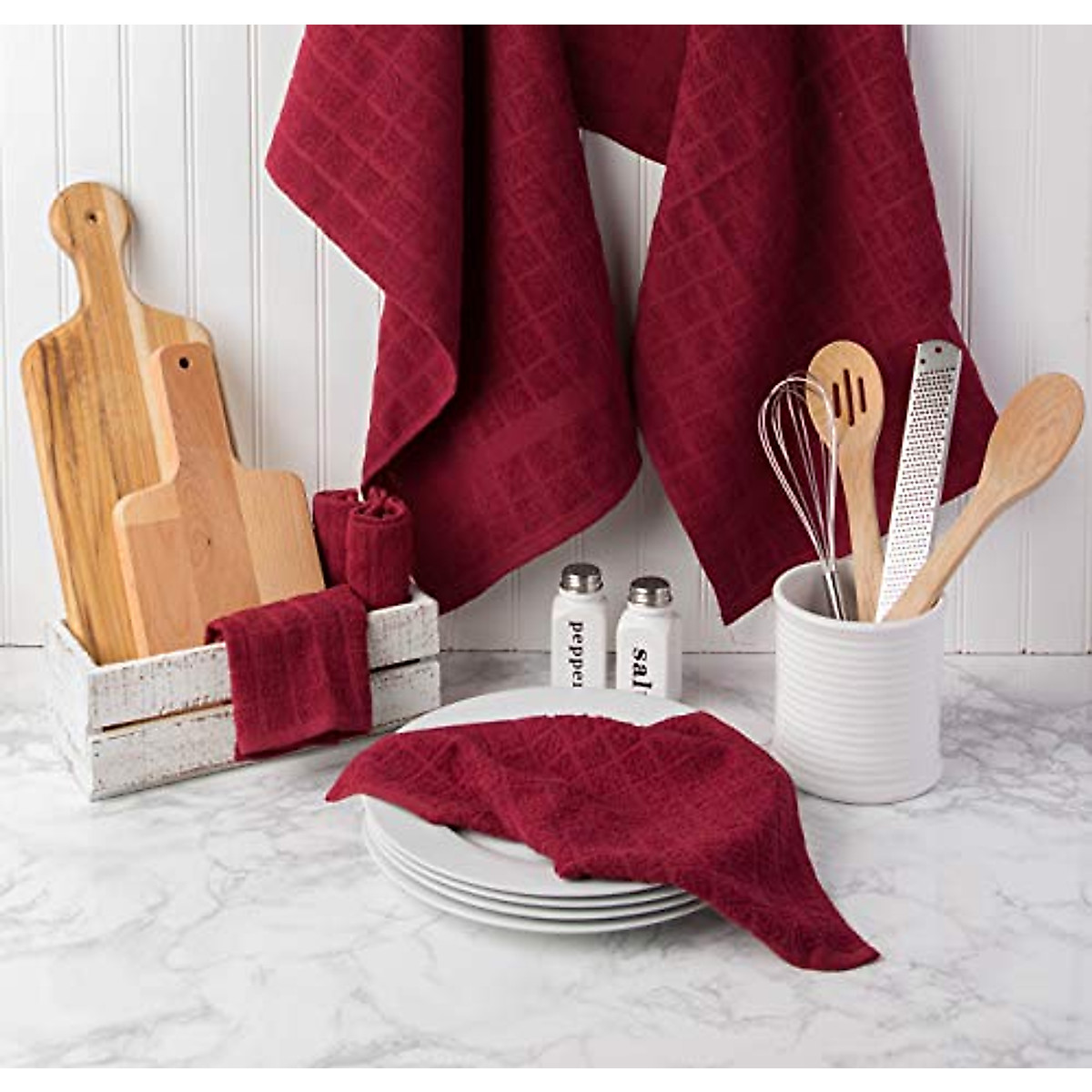DII Basic Terry Collection Solid Windowpane Dishcloth Set, 12x12, Wine, 6 Piece