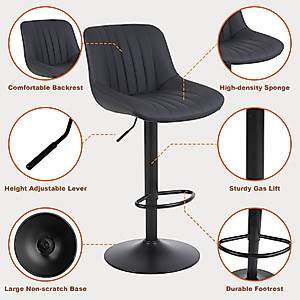 Youhauchair Bar Stools Set of 2, Swivel Counter Height Barstools with Back, Adjustable PU Leather Bar Chairs, Modern Armless Kitchen Island Stool, Black