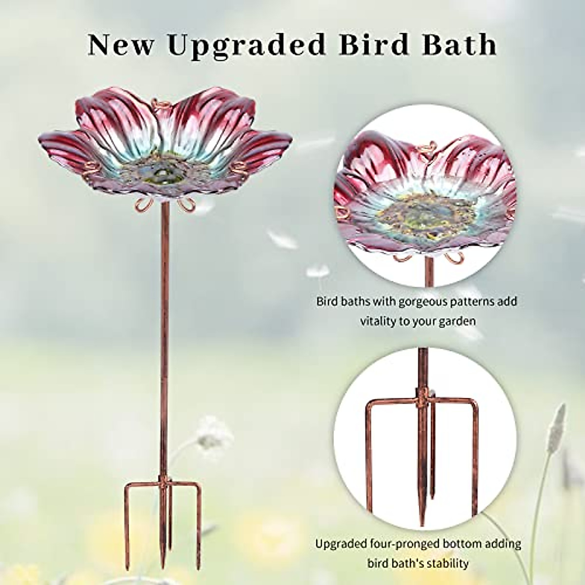 Glass Bird Baths for Outdoors, Garden Birdbaths Outside Birdfeeder with Metal Stake Blue