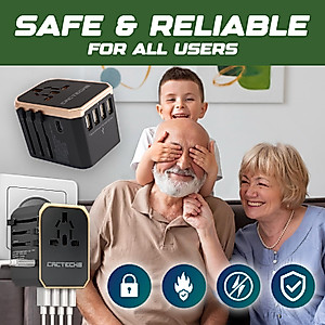 CACTECHS International Universal Travel Adapter Worldwide 4 USB 1 Type C Travel Charger, EU UK European Travel Plug Adapter Europe Power Outlet Converter, Travel Essentials Accessories - Gold