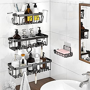 biukpci 4 Pack Shower Caddy Shelf with 20 Hooks and Soap Holder Rustproof Stainless Steel Shower Shelves Adhesive Bathroom Shower Storage Organizer