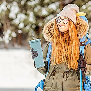 PHEZEN 830ml Sports Water Bottle with Straw Lid, Stainless Steel Thermos Vacuum Insulated Water Bottle Large Capacity Water Bottle with Non-Slip Cup Body Sleeve BPA-Free Insulated Water Bottles