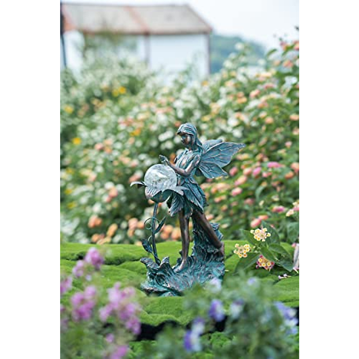 TERESA'S COLLECTIONS Large Garden Fairy Outdoor Statue, Solar Garden Sculptures & Statues with Crackle Glass Globe, Bronze Patina Garden Art for Lawn Patio Balcony Decor 13.2 inch