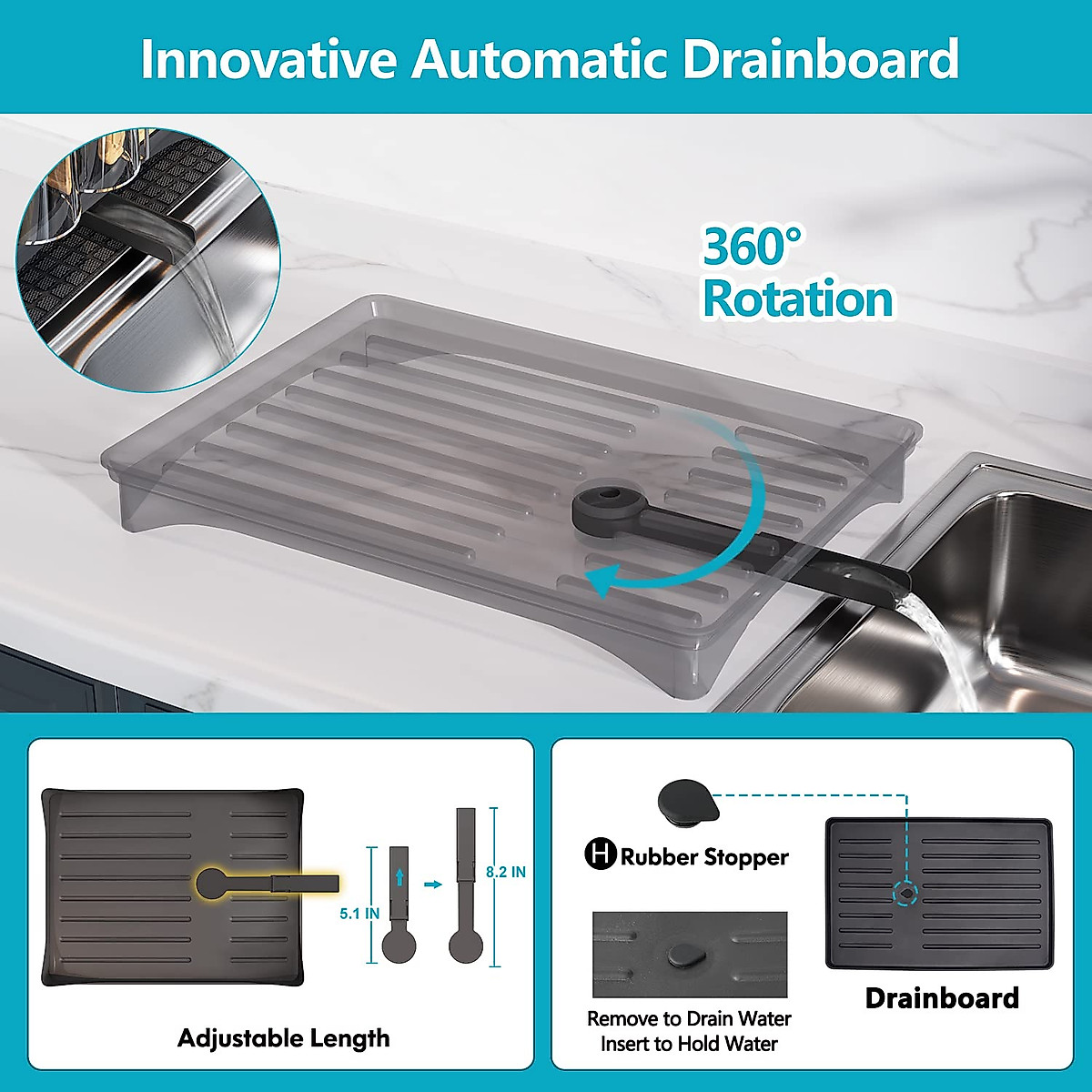BOOSINY Dish Drying Rack for Kitchen Counter, 2 Tier Large Dish Drainer with Drainboard Set, Cutlery Holder, Cutting Board Holder and Extra Dryer Mat (Black - 304 Stainless Steel)