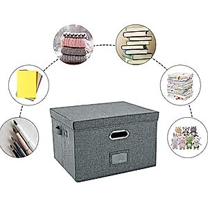 JSungo File Box with 5 Hanging Filing Folders, Document Organizer Storage for Office, Collapsible Linen Storage Box with Lids, Home Portable Storage with Handle, Letter Size Legal Folder, Dark Gray