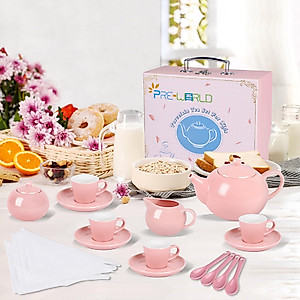 Porcelain Tea Party Set for Little Girls, 22Pcs Princess Tea Time Toy Including Teapot,Saucers,Teacups,Sugar Bowl,Creamer Pitcher,Spoons & Tablecloth, Kids Kitchen Pretend Play for Girls Boys