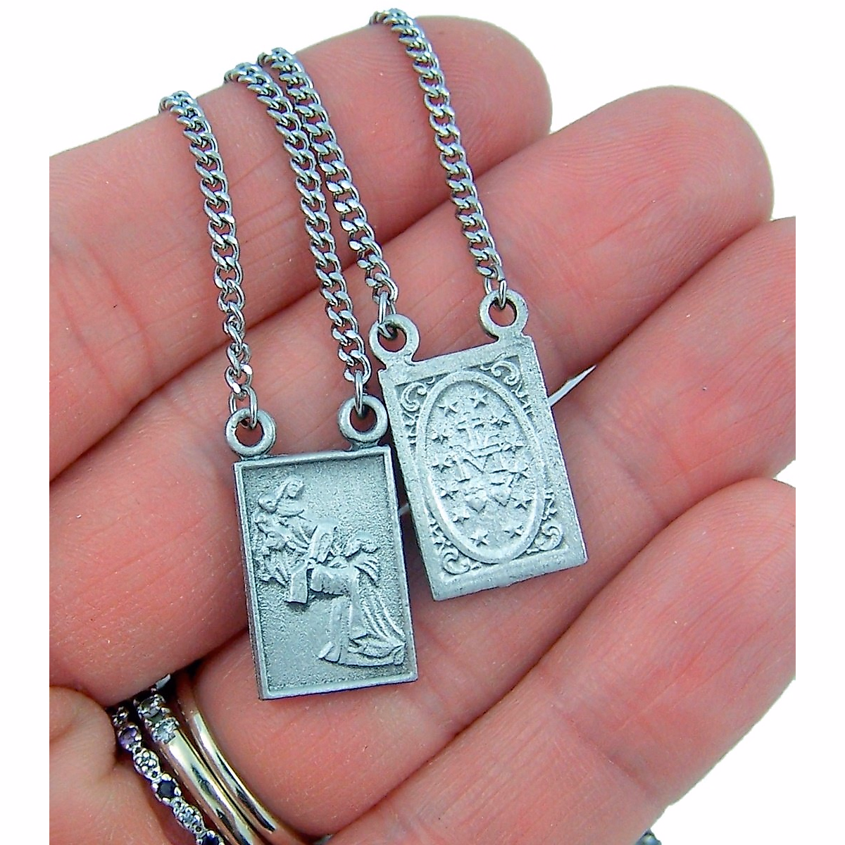Devotional Scapulars Pewter Scapular Medals with Stainless Steel Rhodium Finished Chain, 18 Inch