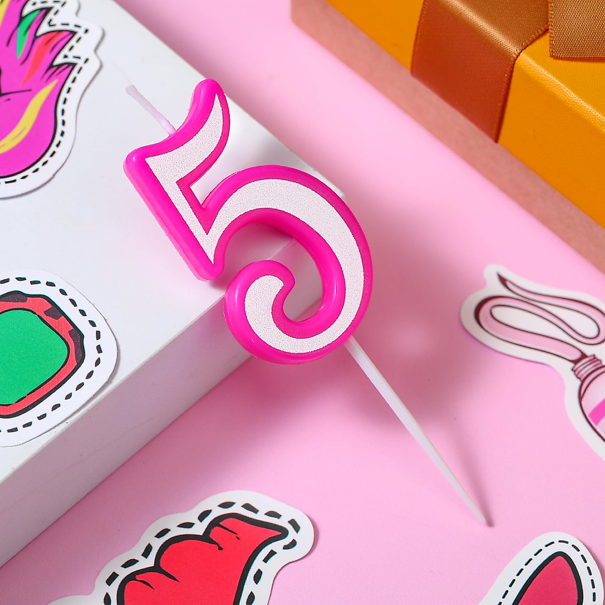MTLEE Hot Pink Girl Birthday Candle Pink Numeral Birthday Candle Pink and White Birthday Cake Topper for Children Girls Birthday Decoration Princess and Singer Theme Party Supplies (Number 5)