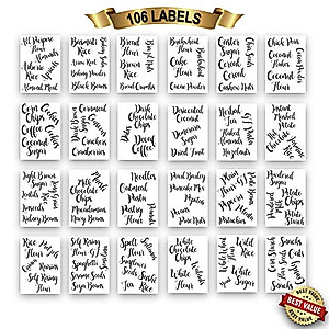106 Pantry Labels Stickers by 7 Ruby Road for Kitchen Organization and Storage. Clear Water Resistant, Farmhouse Cursive Script for Food Canisters, Containers, Mason Jars for flour, sugar, coffee