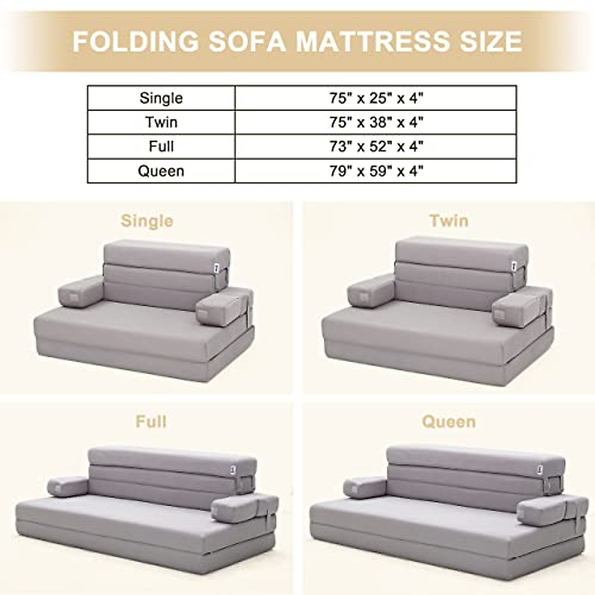 Lazyzizi Sleep 4 Inch Foldable Mattress, Portable Floor Mattress Couch with Headrest, Washable Cover, Foldable Foam Couch Single for Guest Bed, Folding Sofa Bed, Camping, Road Trip, Dark Grey