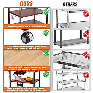 kognita Pizza Oven Table 35.5" Outdoor Grill Table with 4 Wheels, Rubberwood Outdoor Bar Cart Dining Prep Table with Wine and Glasses Rack,Garbage Bag Holder,Bottle Opener and Gas Tank Hook