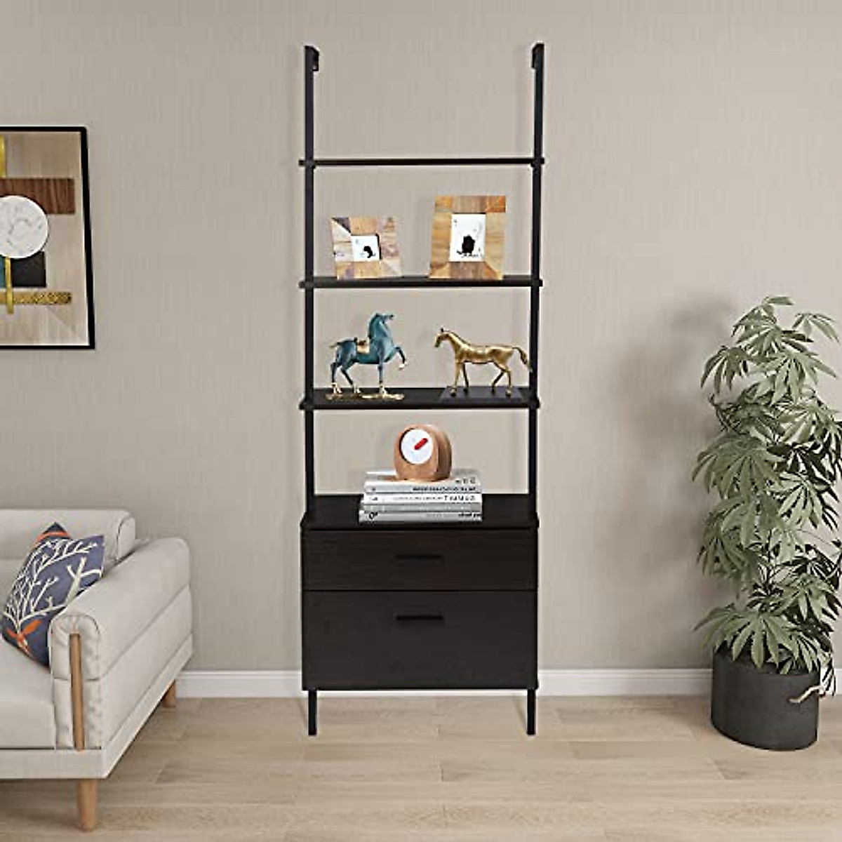9zH&K 3 Tiers Ladder Bookshelf with Wide Storage Cabinet, Industrial Rustic Brown Wall-Mounted Bookcase Open Display Rack Storage Shelves for Living Room, Bedroom, 23.62"x11.81"x70.87"(LxWxH)