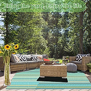 JBGO Outdoor Rug,Patio Rug,4' x 6' Reversible Woven Lightweight Large Plastic Striped Stain Proof Indoor Area Runner Mat for Deck Patio Camping Beach Picnic BBQ (Turquoise Blue Stripes)