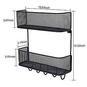 PAG Wall Mount Mail Organizer Double Basket Hanging Letter Sorter with 5 Key Hooks for Entryway/Kitchen/Mudroom/Home/Office, Black