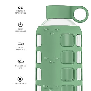 purifyou Premium 40/32 / 22/12 oz Glass Water Bottles with Volume & Times to Drink, Silicone Sleeve & Stainless Steel Lid Insert, Reusable Bottle for Fridge Water, Milk, Juice (22oz Shale Green)