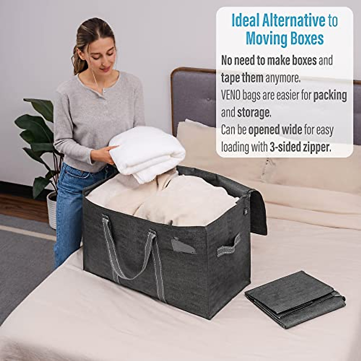 VENO 8 Pack Extra Large Moving Storage Bags with Zippers, Foldable Heavy-Duty Tote for Space Saving, Alternative to Moving Boxes, Packing Supplies, Plastic Storage Bins (Dark Gray - Set of 8)