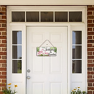 SUPERDANT 2Pcs Wood Door Hanging Sign Plaque Welcome to Paradise Flamingo Hanging Decorative Wood Welcome Sign for Home Front Door Decoration Farmhouse Porch Garden Yard 30x15cm