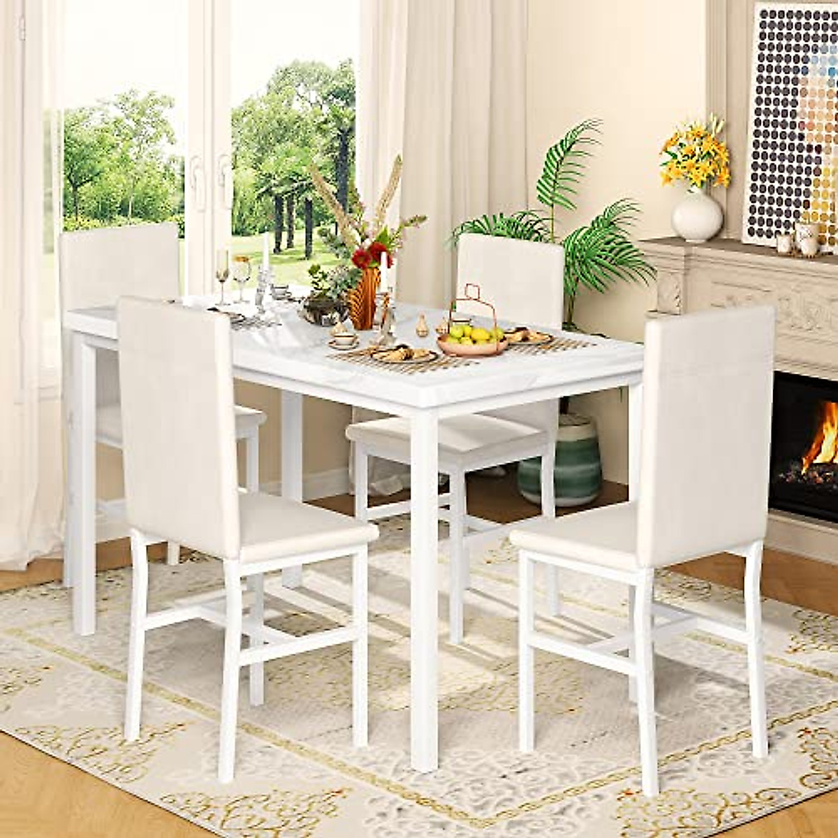tantohom Faux Marble Dining Table Set, Compact Kitchen Table and Chairs for 4, 5 Pieces Dining Room Table Set with 4 Leather Upholstery Chairs for Small Space, Living Room, Breakfast Nook, All White