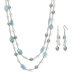 Belacqua Natural Aquamarine & Cultured Freshwater Pearl Necklace and Dangle Earring Set