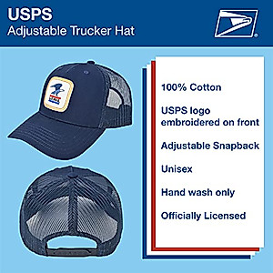 U.S. Mail Trucker Hat, USPS Eagle Embroidered Logo Adjustable Adult Snapback Cap with Curved Brim, Navy Blue, One Size