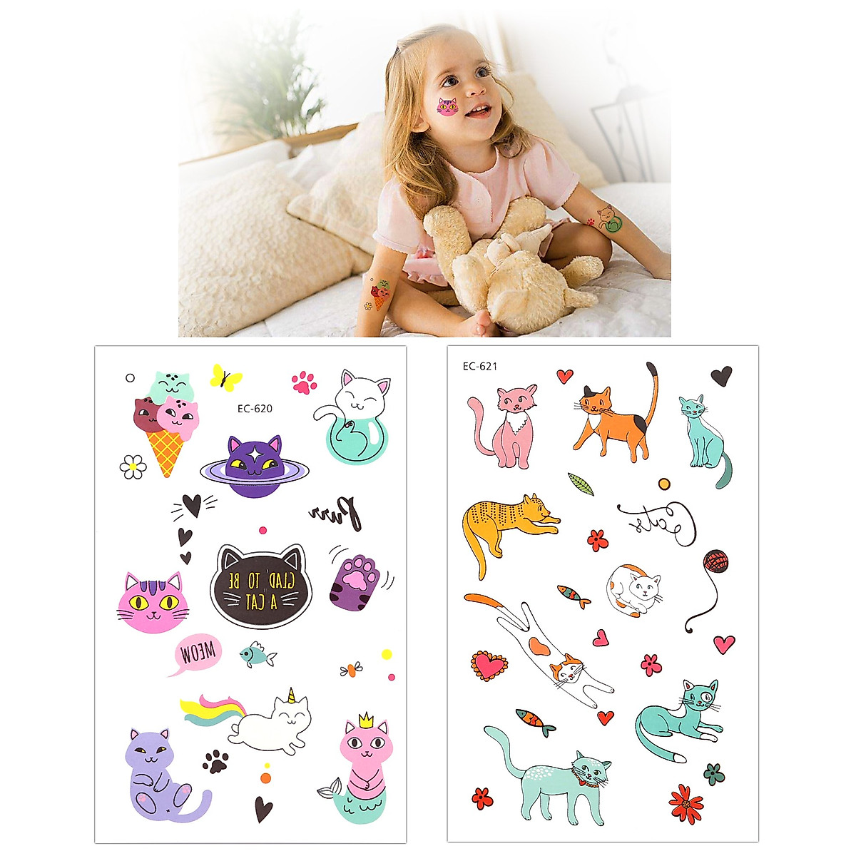 Temporary Tattoos for Girls Kids Women(180pcs), Konsait Cute Kitty Cat Tattoos Waterproof Body Art Sticker Great Birthday Party Favors Kids Party Accessories Goodie Bag Stuffers Party Fillers Gift