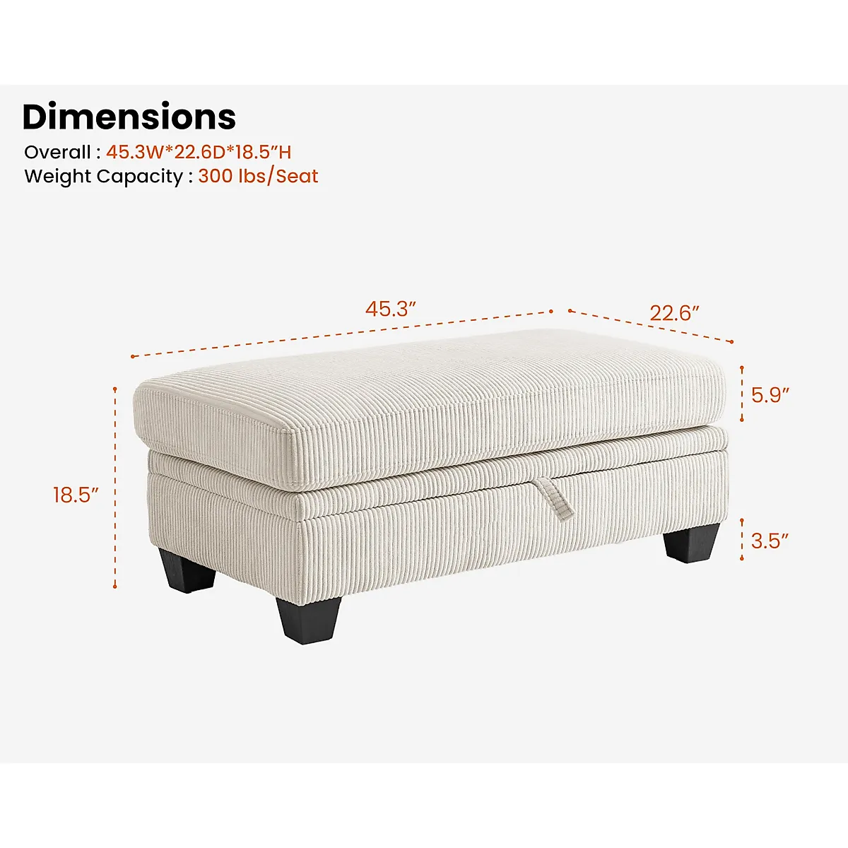 CHIC HOUSE Middle Module for Modular Couch, Corduroy Customizable Chaise, Storage Ottoman for Sectional Sofa, Armrest, Single/Double Seater