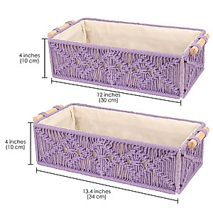 Philo Fun Purple Macrame Storage Baskets, Boho Woven Decor Organizer for Countertop Toilet Tank Shelf Cabinet Bathroom Living Room Entryway (Set of 2)