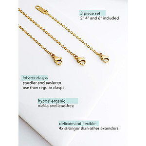 Altitude Boutique 18k Gold Plated Necklace Extenders | Delicate Necklace Extender Chain Set for Women | 3 Piece Set, Hypoallergenic Extensions 2”, 4”, 6” Inches in Gold, Rose Gold, or Silver (Gold)