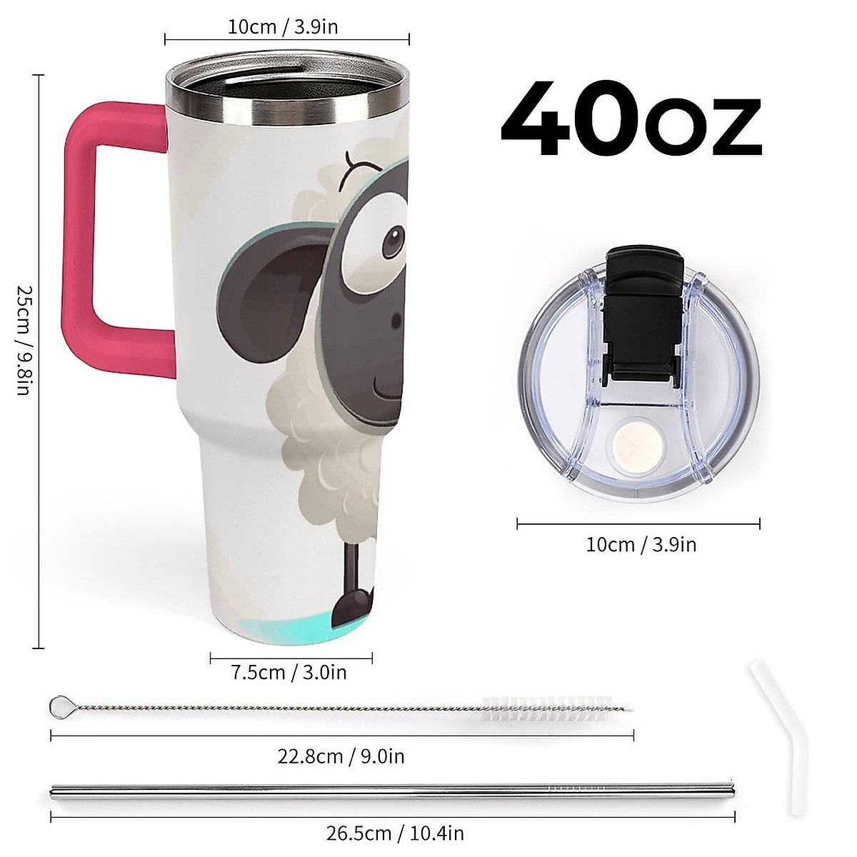 LLUTSNTH 40 Oz Vacuum Tumbler with Light Rose Red Handle Leakproof Insulated Tumbler Sheep Stainless Steel Travel Mug with Lid And Straw Coffee Cup Cute Water Bottles Cup Holder Friendly