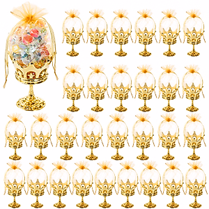 Noamus 30 Pack Fillable Crown with Pouch, Gold Plastic Goblet with Drawstring Bags, Decorative Candy Storage Boxes Party Favor Container for Candy Chocolate Cake Dessert Princess Baby Shower Birthday