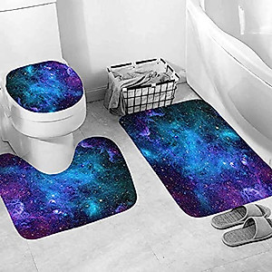 Universe Outer Space Theme 4 Pcs Toilet Lid Cover Bath Mat, Starry Galaxy Shower Curtain Set with Rugs, Flower Shower Curtain with 12 Hooks, Shower Curtain for Bathroom (Starry Sky)