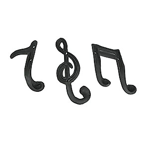 Zeckos Harmonious Melodies - Set of 3 Black Finish Cast Iron Musical Note Wall Hooks for Decorative Music Room Ensemble - 6 Inches High - Elegant Home Decor Accent