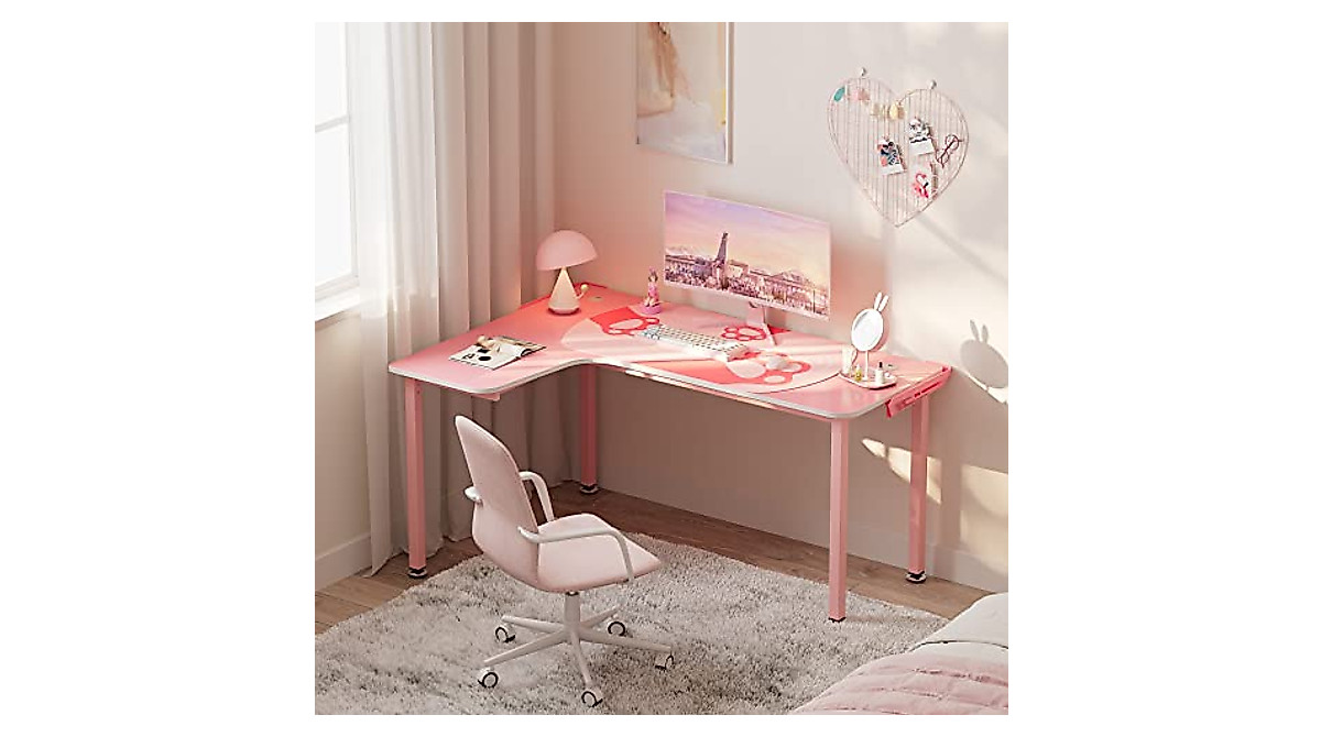 DESIGNA Pink L-Shaped Gaming Desk for Girls - 60 Inch
