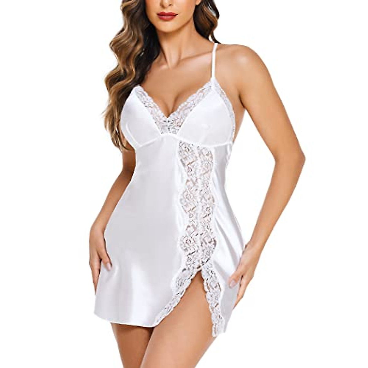 Avidlove Women Lingerie Satin Lace Chemise Nightgown V Neck Sexy Full Slips Sleepwear Dress (Large, A White)