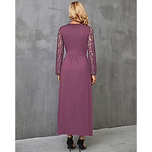 PYGFEMR Women's Lace Long Sleeve Maxi Dress V Neck Wrap Waist Maxi Dresses with Pockets 2022 New Mauve L