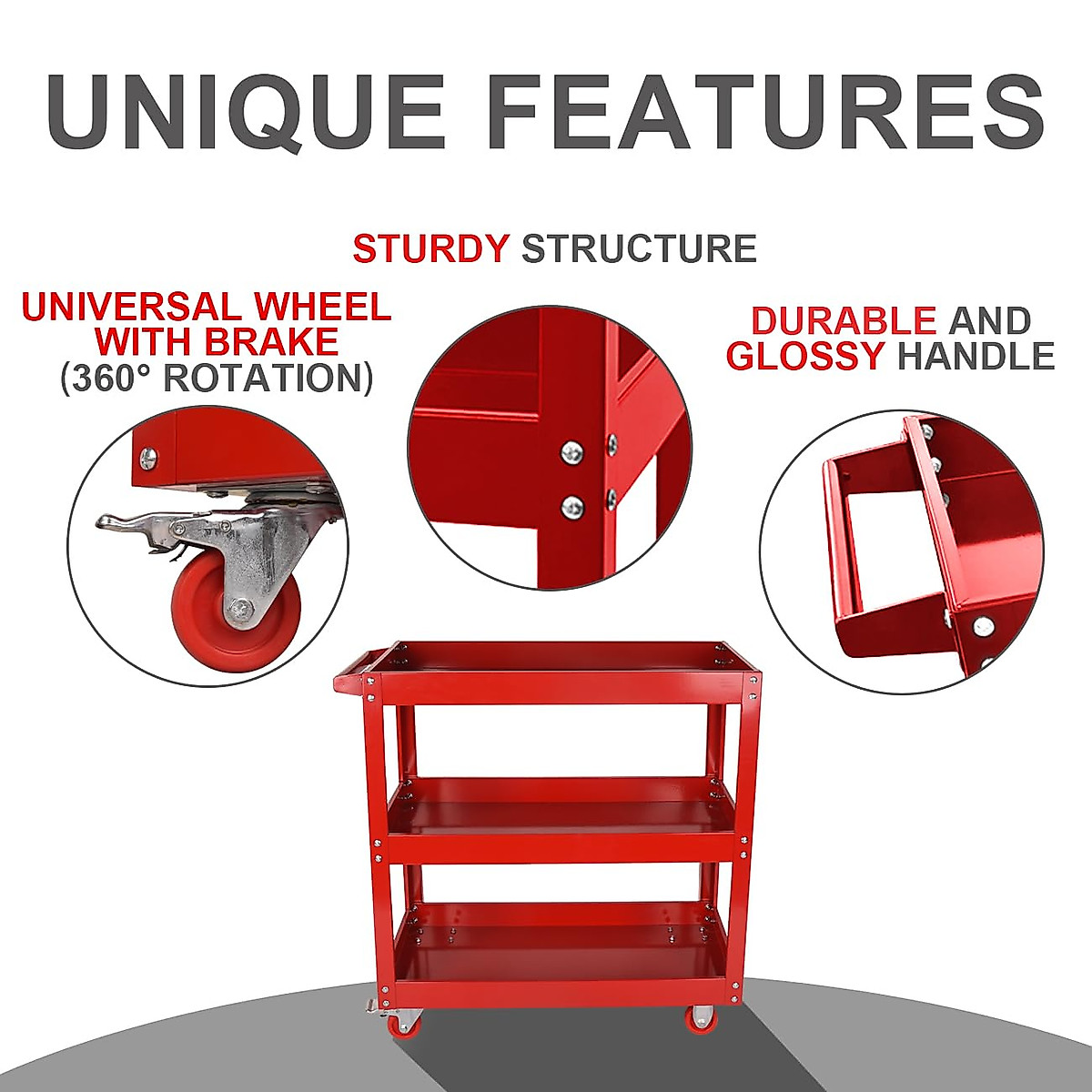 LFGUD 3-Tier Commercial Utility Cart with Brake Wheels, Sturdy Steel Construction, 110 lbs Capacity, Red