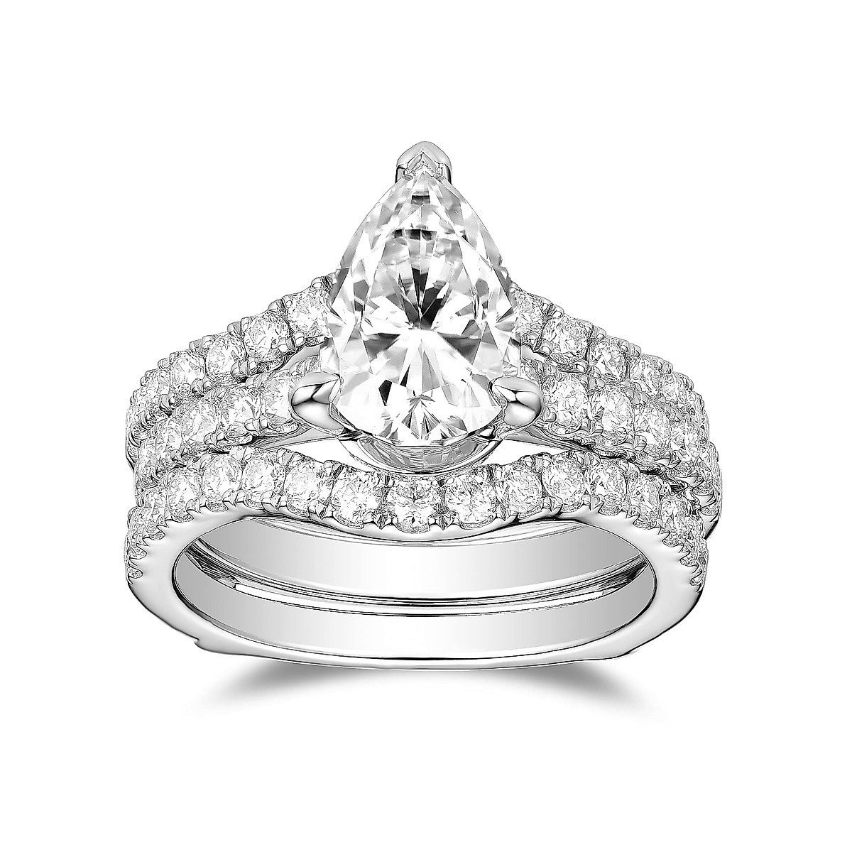 DovEggs Center 4ct 7x11mm G-H-I Color Pear Shaped Moissanite Hidden Halo Engagement Ring Curved Enhancer Guard Wedding Band Bridal Set with accents 14K Gold QUALITY Silver Engagement Ring for Women,